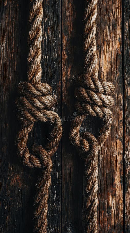 Thick Knotted Ropes Against Distressed Wooden Background Stock Image ...