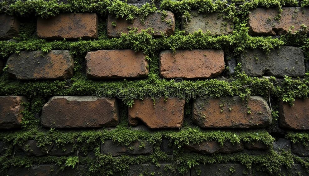 Thick Layer of Green Moss Covers Worn and Crumbling Brick Surface ...