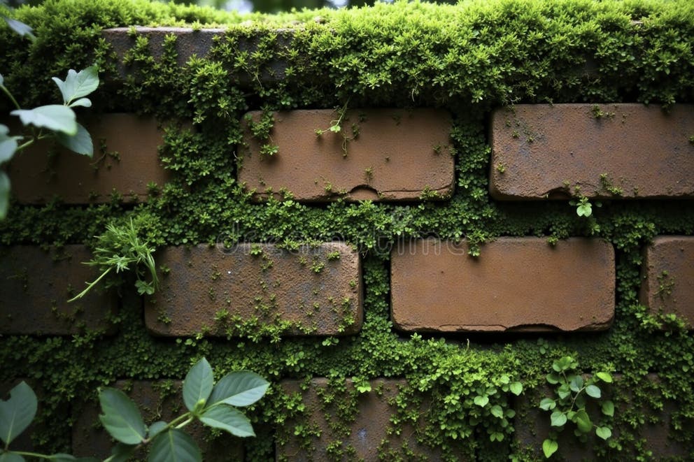 Thick Layer of Green Moss Covers Worn and Crumbling Brick Surface ...