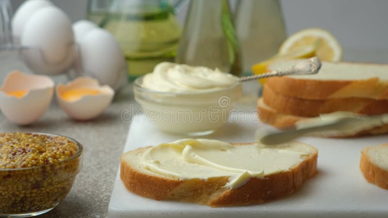 Thick Mayonnaise Spread on Bread Close-Up View Stock Footage - Video of ...