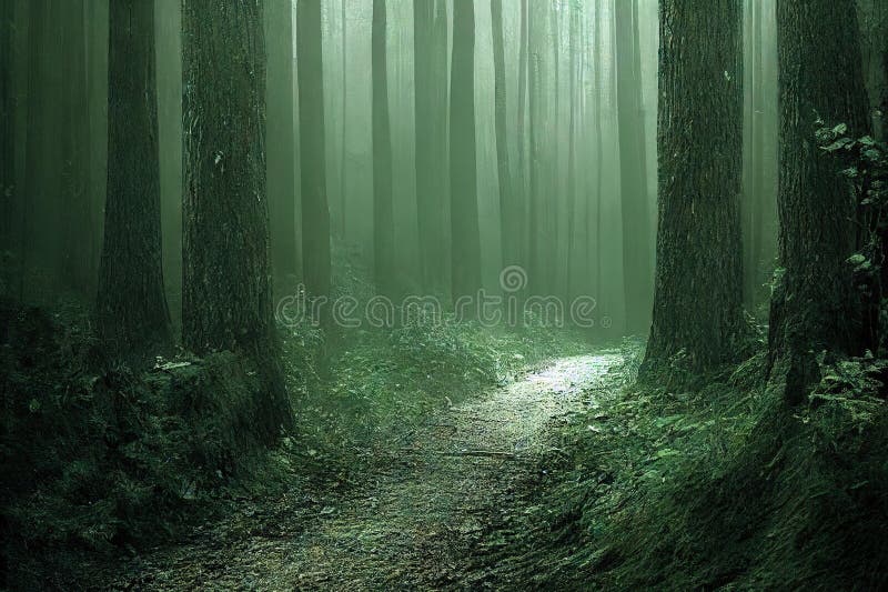 Thick Morning Fog Over the Forest Path between the Trees Stock ...