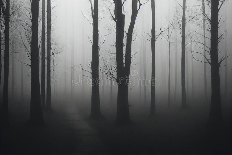 Thick Morning Fog Over the Forest Path between the Trees Stock ...