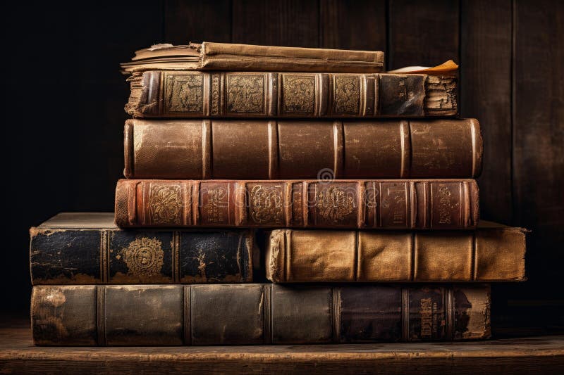 Thick Old Books Stack at Table. Generate Ai Stock Photo - Image of ...