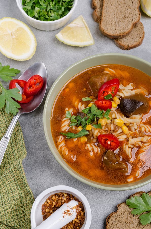 Thick red soup with pasta stock photo. Image of homemade - 134021324