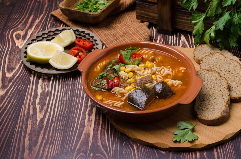 Thick red soup with pasta stock image. Image of condiment - 134484603