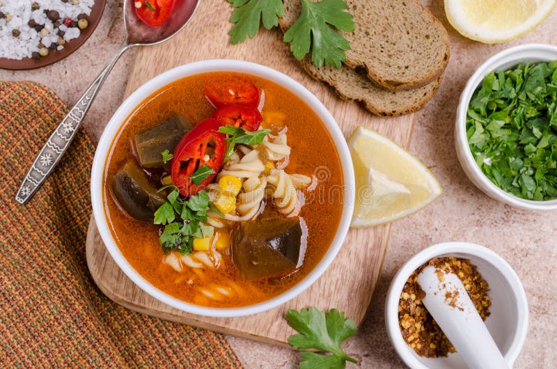 Thick red soup with pasta stock photo. Image of organic - 134484608