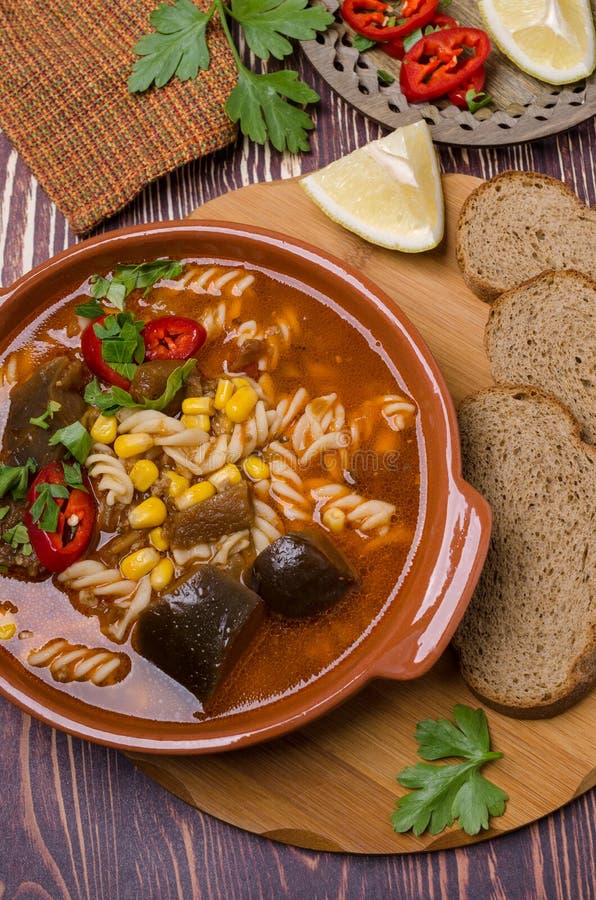 Thick red soup with pasta stock image. Image of boiled - 134484631