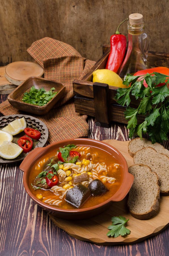 Thick red soup with pasta stock image. Image of broth - 134484225