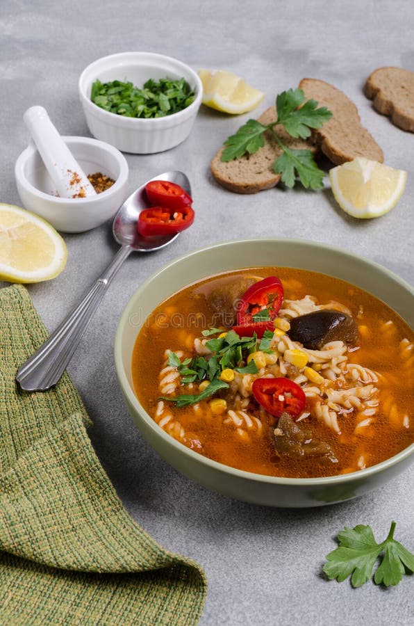 Thick red soup with pasta stock image. Image of bowl - 134020705