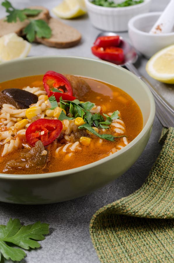 Thick red soup with pasta stock image. Image of broth - 134021375