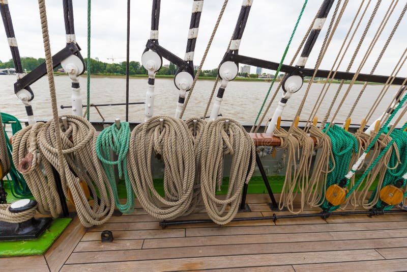 Thick Ship Vessel Rigging Rope in Various Shapes and Colors on a Boat ...