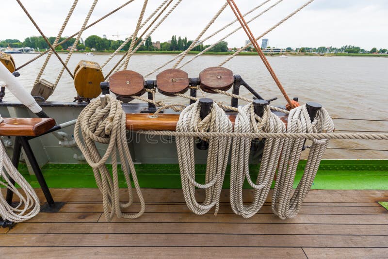 Thick Ship Vessel Rigging Rope in Various Shapes and Colors on a Boat ...