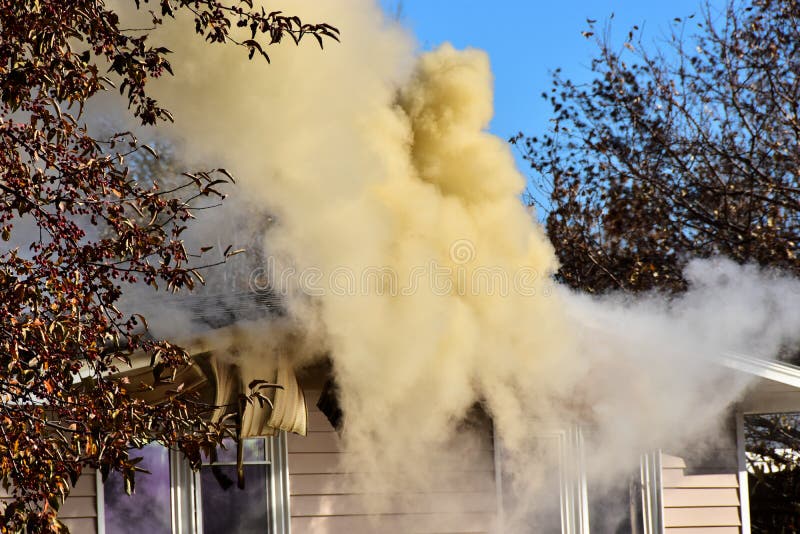 Thick Smoke Emitting from Eaves of Mobile Home. Stock Image - Image of ...