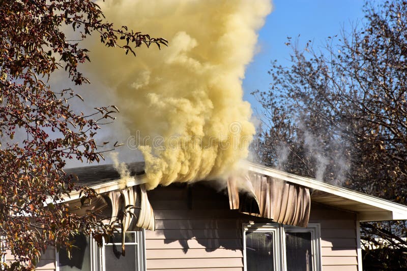 Thick Smoke Emitting from Eaves of Mobile Home. Stock Photo - Image of ...