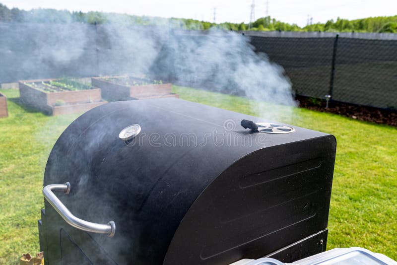 Thick Smoke Rising from a Modern Grill Standing on a Paving Slab on the ...