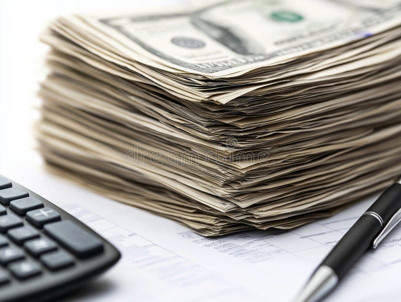 Thick Stack of Hundred Dollar Bills with Pen and Calculator Stock ...