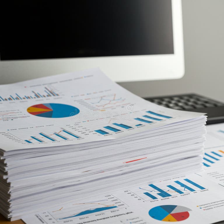 A Thick Stack of Printed Documents Features Various Colorful Charts and ...