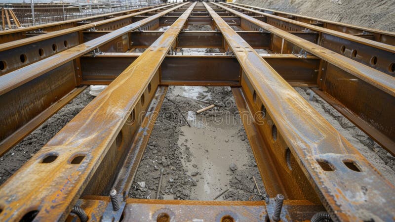 Thick Steel Beams are Lined Up To Create the Formwork for a Large ...
