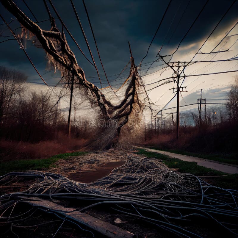 Thick Tangled Lines on Ground after Storm and Power Line Breakage Stock ...