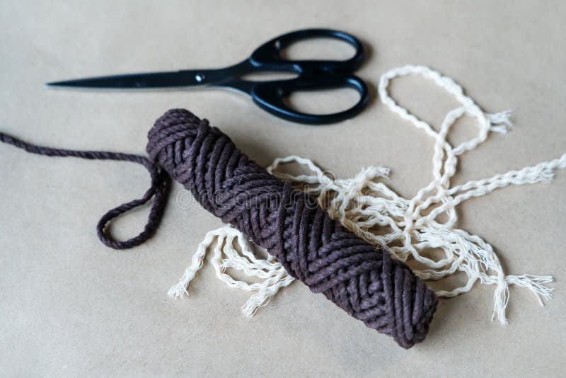Thick Threads and Scissors Lie on a Gray Background. Materials and ...