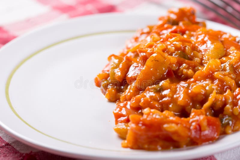 Thick Tomato Stew with Rice and Pepper Stock Photo - Image of meat ...