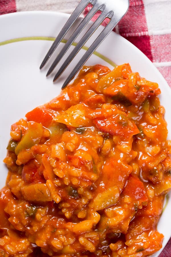 Thick Tomato Stew with Rice and Pepper Stock Photo - Image of casserole ...