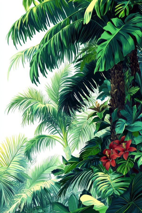Thick Tropical Plants, Vivid Blossoms, and Palm Trees. Stock Image ...