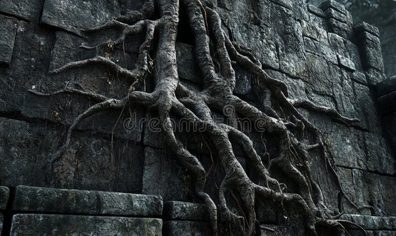 A Crumbling Fortress Wall with Thick, Twisting Roots Creeping Over the ...