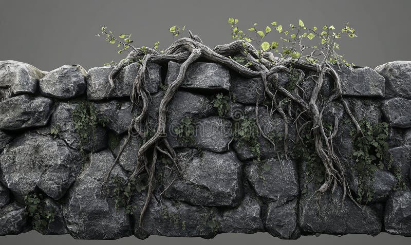 A Crumbling Fortress Wall with Thick, Twisting Roots Creeping Over the ...