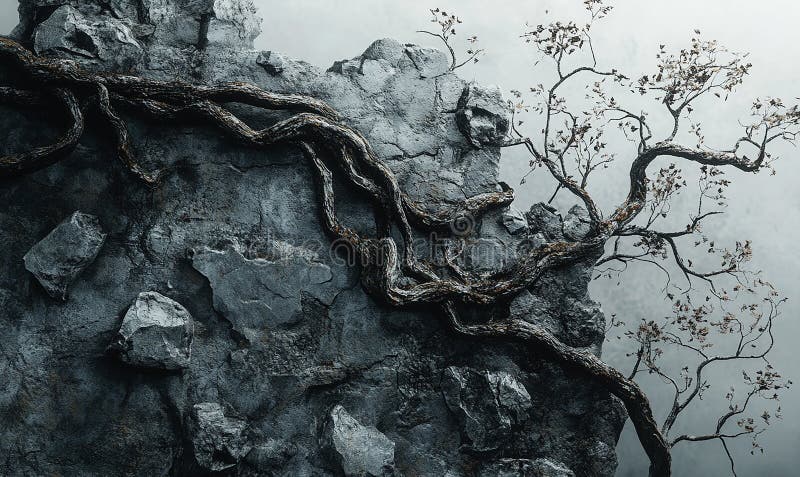 A Crumbling Fortress Wall with Thick, Twisting Roots Creeping Over the ...