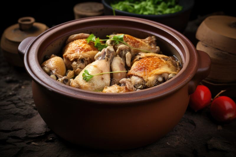 Thickly Cooked Chicken Thighs Inside a Clay Pot Stock Photo - Image of ...