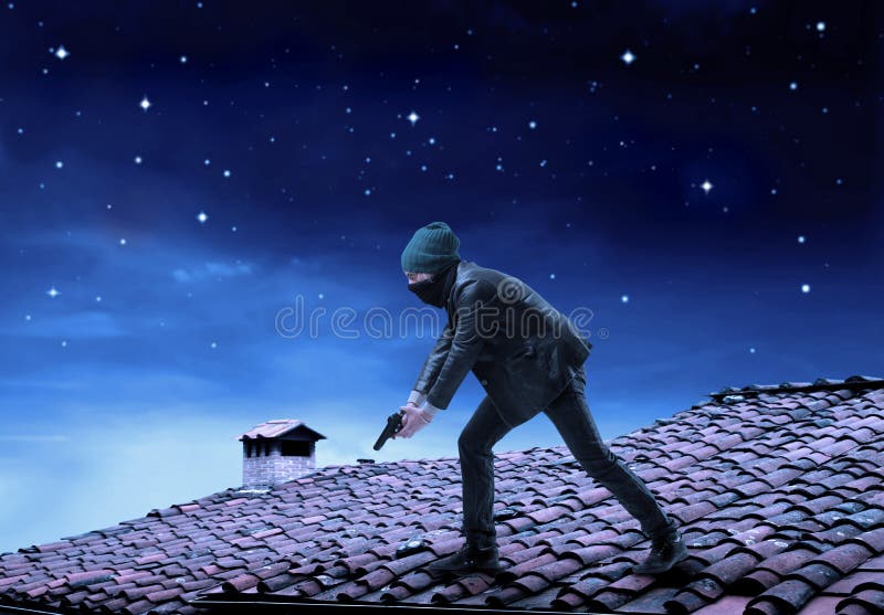 Thief On The Roof Of A House At Night Stock Image - Image of alone ...