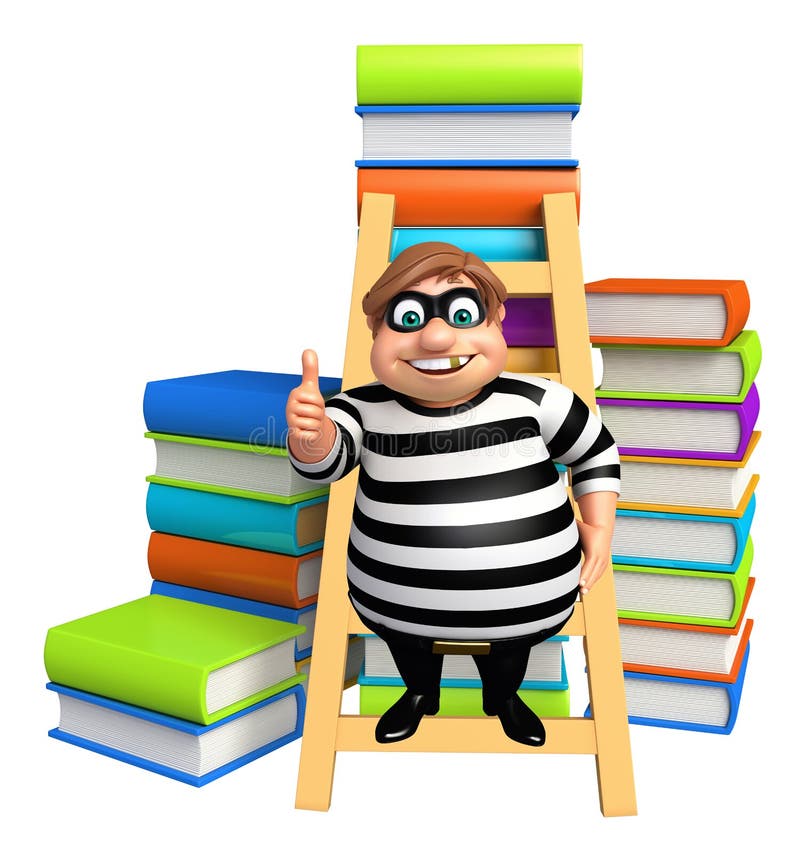 Thief with Book Stack & Ladder Stock Illustration - Illustration of ...