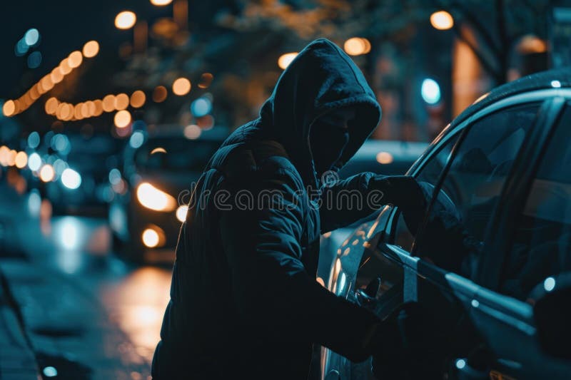 Thief Breaking into Car on a Street at Night Stock Image - Image of ...