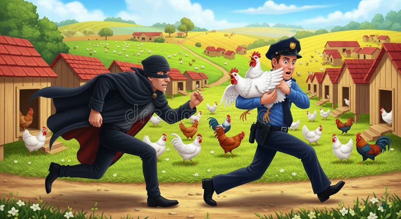 A Thief Chasing after a Policeman Who is Stealing Chickens Against a ...