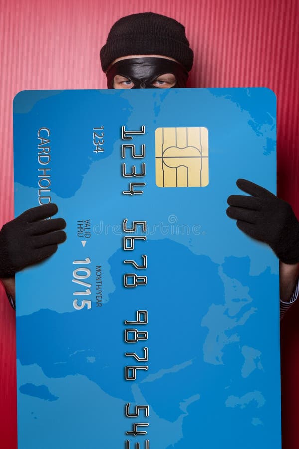 Thief Hiding Behind Big Blue Credit Card Stock Image - Image of credit ...