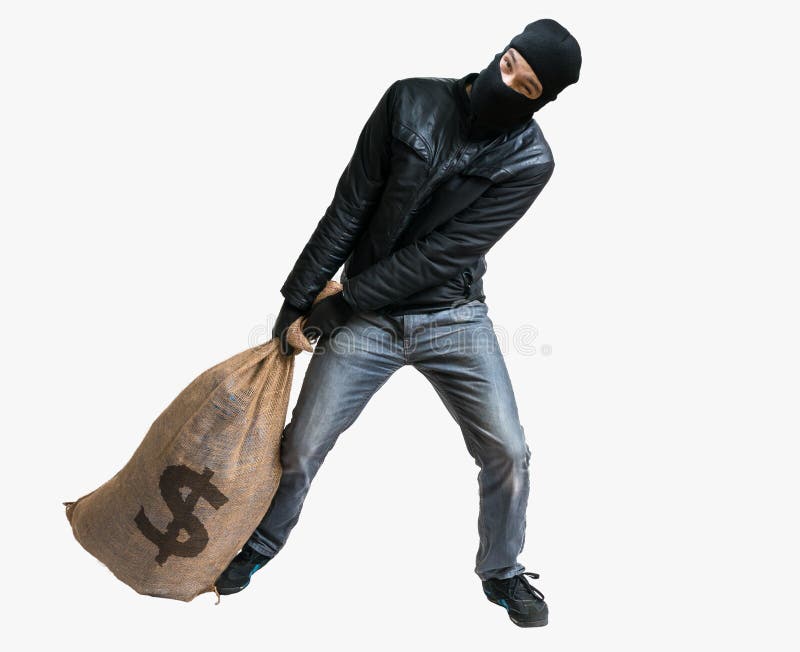 Thief or Robber is Pulling Loot - Heavy Bag Full of Money. Isola Stock ...