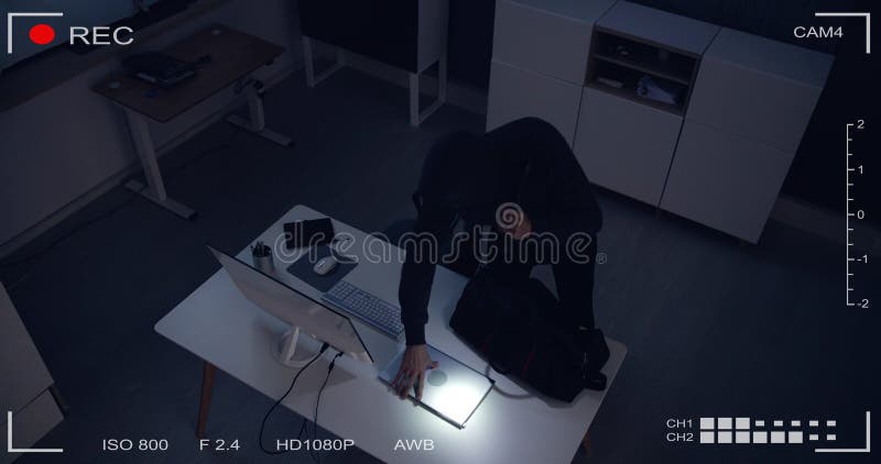 Thief Stealing Computer from Office Stock Photo - Image of tablet, dark ...