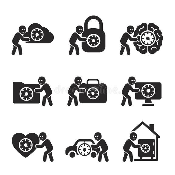 Thief Stealing Concept Solid Icon Set with Vault Locks on Cloud, Brain ...