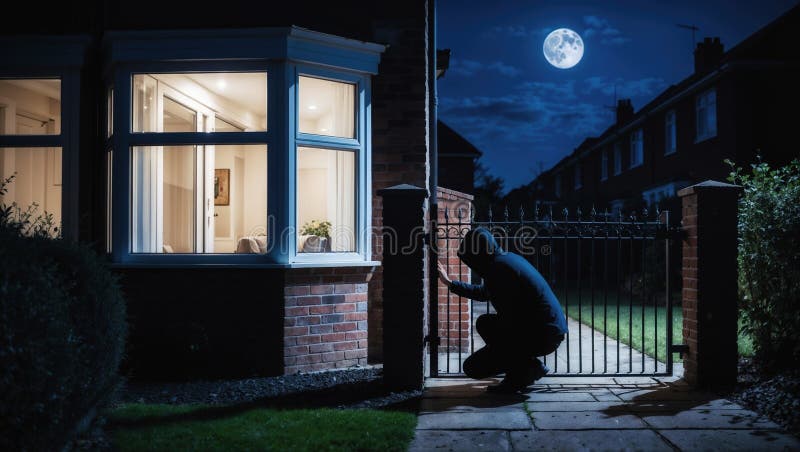 Thief is Trying To Break into a House at Night by Tampering with the ...