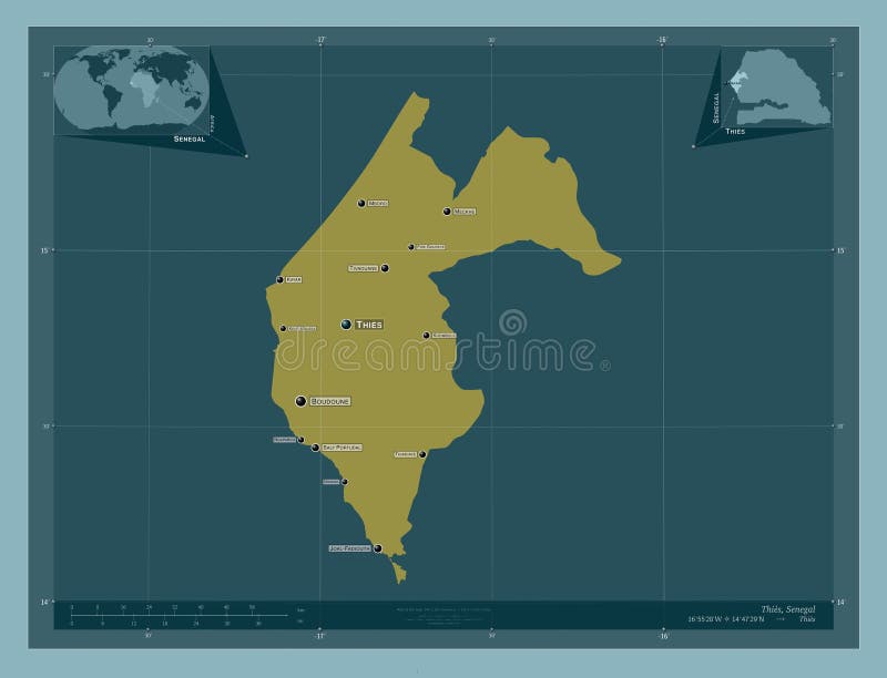 Thies, Senegal. Solid. Labelled Points of Cities Stock Illustration ...