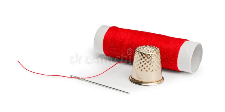 Thimble and Needle with Red Sewing Thread Isolated on White Stock Photo - Image of accessory ...