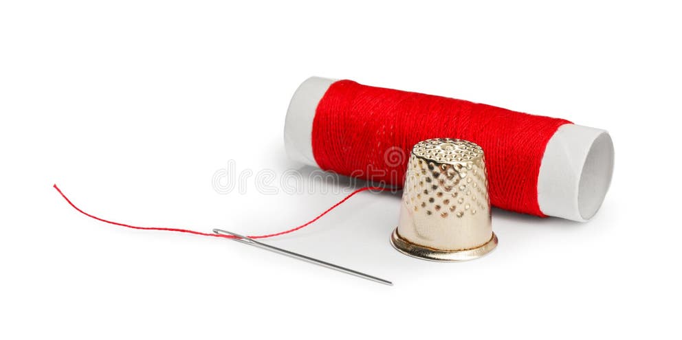 Thimble and Needle with Red Sewing Thread Isolated on White Stock Photo - Image of accessory ...