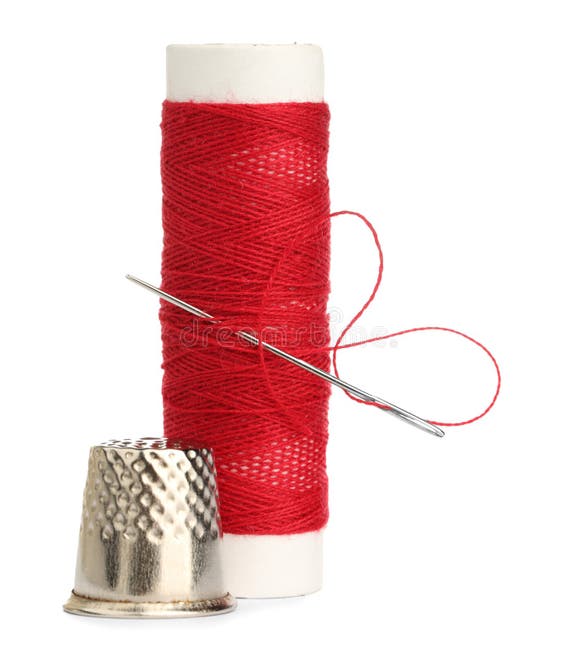 Thimble and Needle with Red Sewing Thread Isolated on White Stock Photo - Image of handwork ...