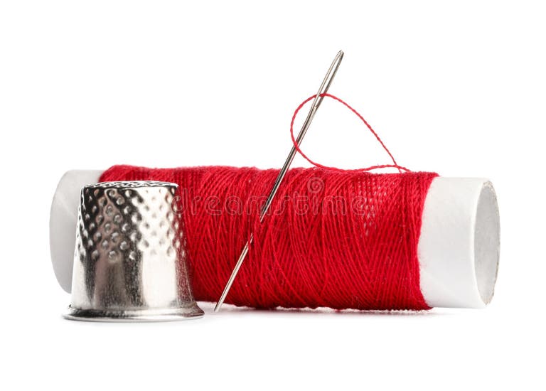 Thimble and Needle with Red Sewing Thread Isolated on White Stock Photo - Image of accessory ...