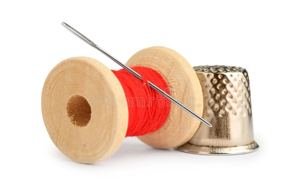 Thimble and Needle with Red Sewing Thread Isolated on White, Closeup ...