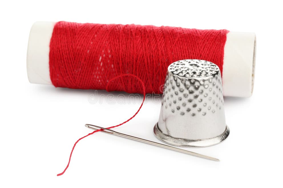 Thimble and Needle with Red Sewing Thread Isolated on White, Closeup Stock Image - Image of ...