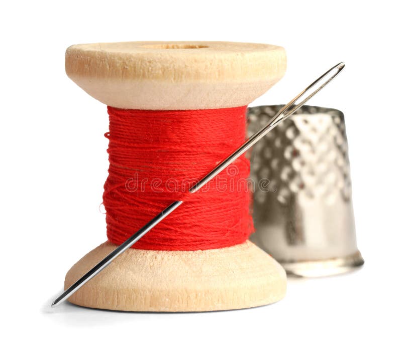 Thimble and Needle with Red Sewing Thread Isolated on White, Closeup ...