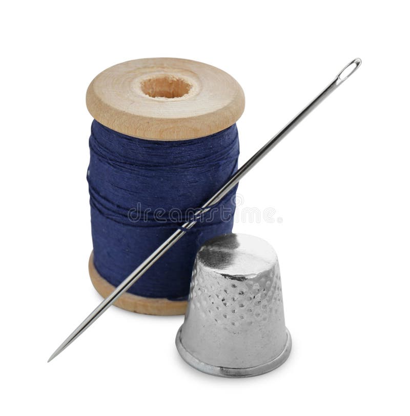 Thimble and Spool of Blue Sewing Thread with Needle Isolated on White ...