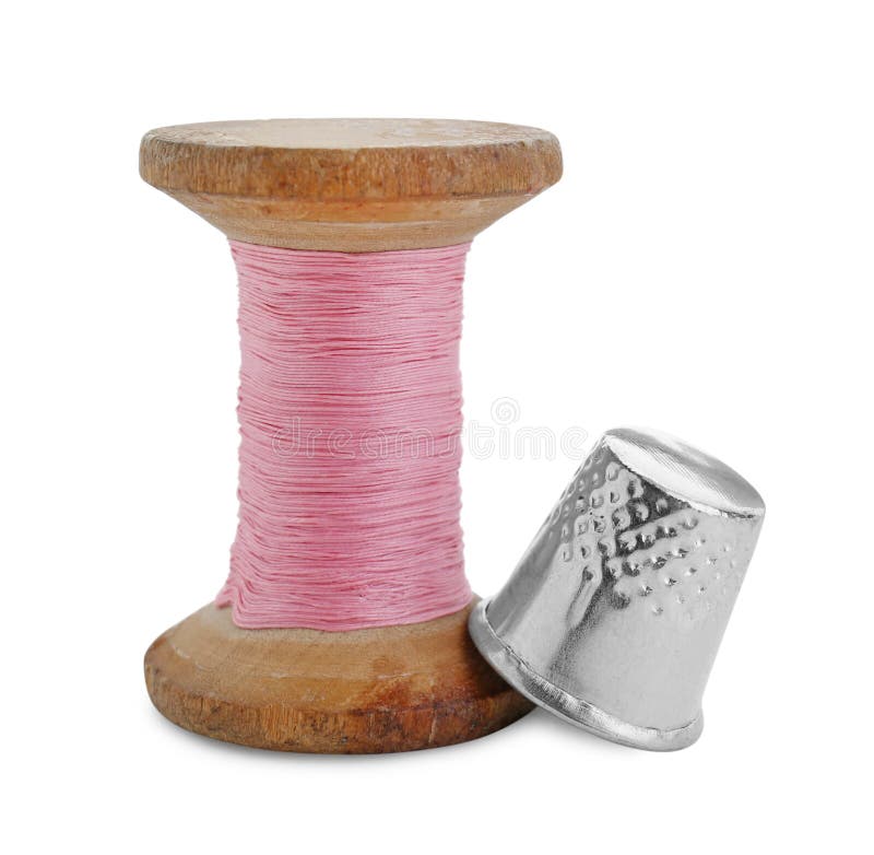 Thimble and Spool of Sewing Thread Isolated on White Stock Image ...